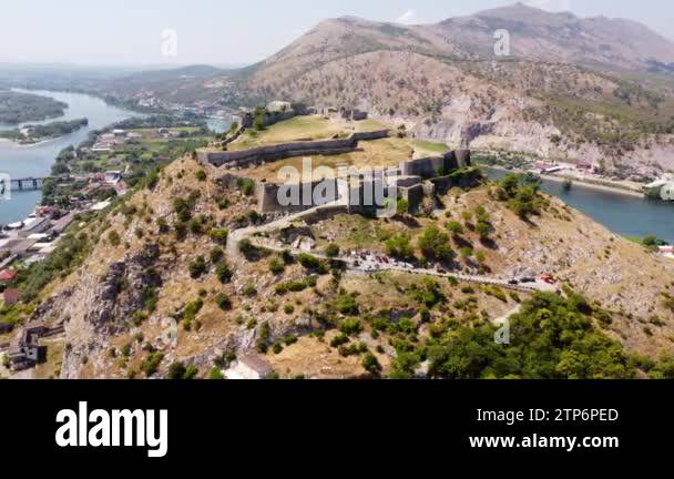 Aerial drone view of Rozafa Castle and its citadel in the lakeside town ...