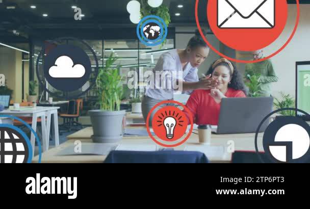 Animation of icon in circles over diverse female coworkers discussing ...