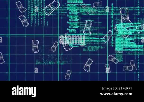 Animation of falling drawing of dollar bills and computer language over ...