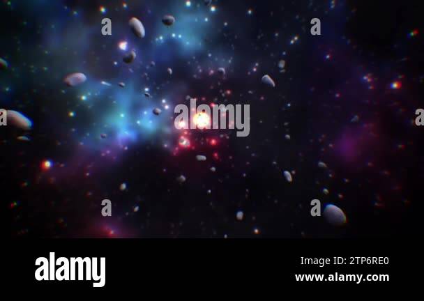 3D animation of space and universe system with stone and dust comes to ...
