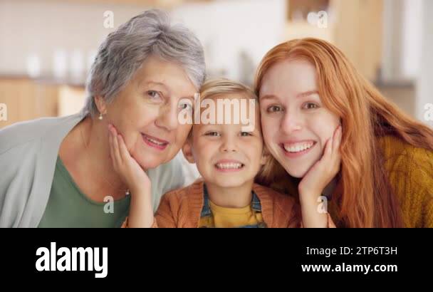 Generations, portrait of happy family and in living room of their home ...
