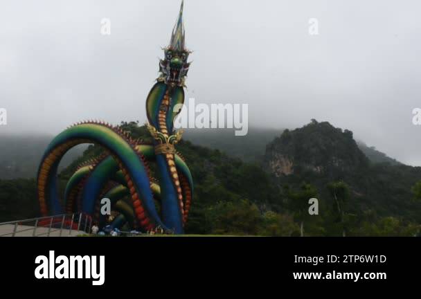 Ancient big blue naga or antique naka statue for thai people travelers ...