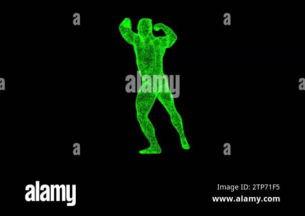 3D Muscular man rotates on black background. Sport and Beauty concept ...
