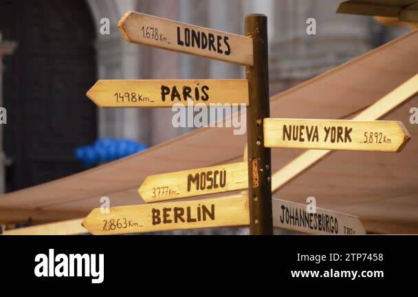 Address sign with different capitals and cities and distance in spanish ...