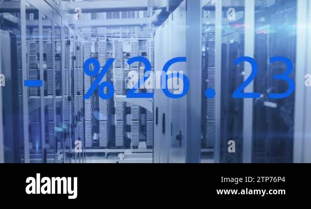 Animation of changing numbers, data processing and light spots against computer server room ...