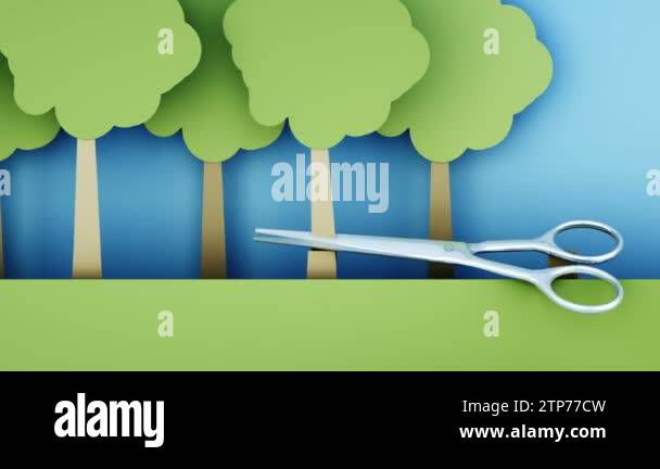 deforestation. Paper forest destruction of metal scissors. Creative ...