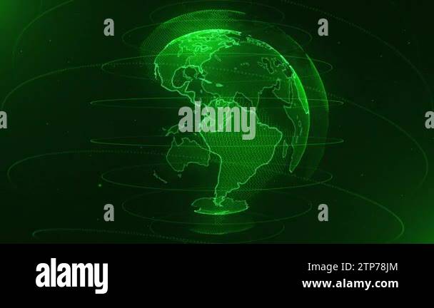 Digital green earth data technology concept background - a spinning green holographic globe and ...