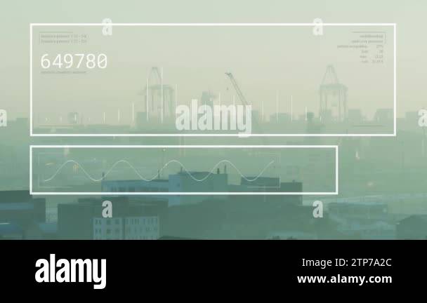 Animation of hud screens with numbers over silhouette buildings and ...