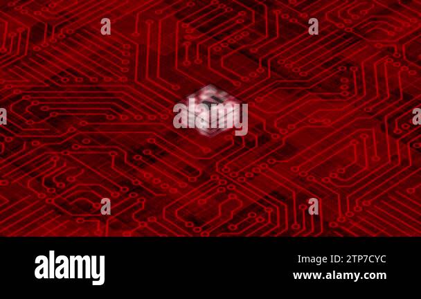 Animated Red 3d Computer chip with connections and signals. AI Computer processor background ...