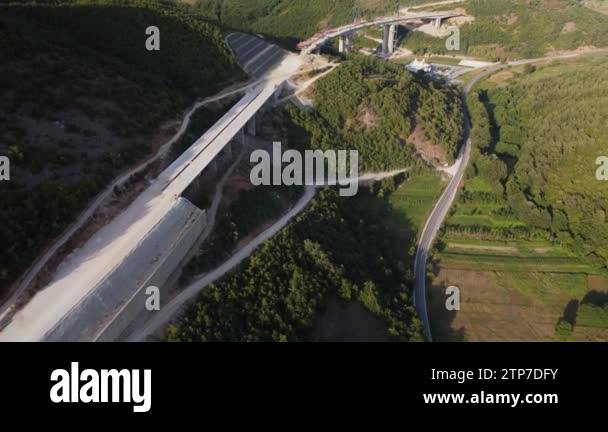 Highway bridge under construction. Aerial view of nes road. Freeway ...