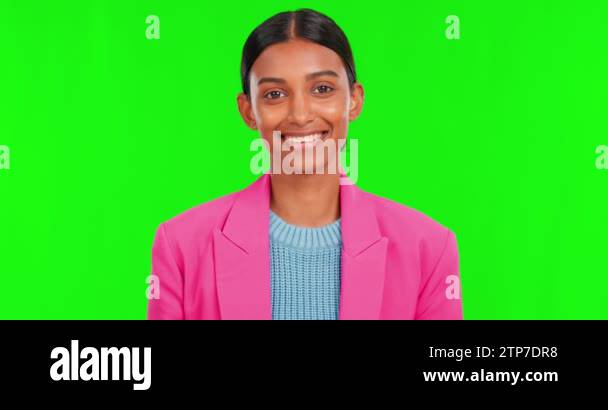 Smile, face and Indian woman in green screen studio laughing, joke or ...