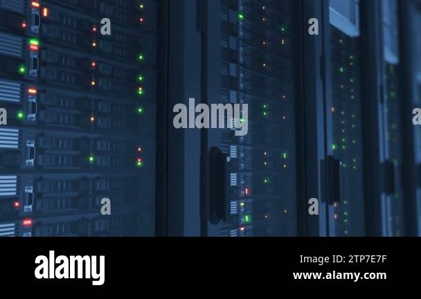 Beautiful Working Servers Close-up in Modern Data Center. Cloud Computing Data Storage Flashing ...