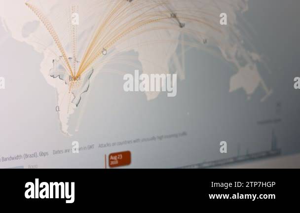 World map with data arrows connect from country. Top daily DDoS attacks ...