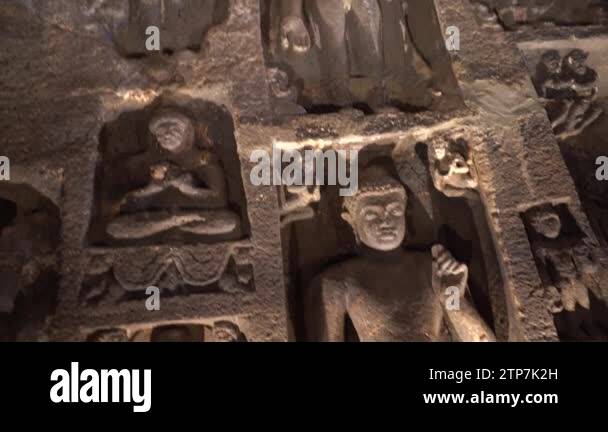 Interior of Ajanta Cave 26, Cave 26 is a worship hall with elements of ...