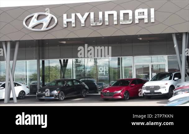 hyundai dealership with silver logo sign writing caption text on gray ...