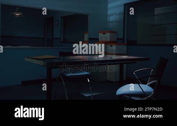 4K Interior of a police interview room with one way mirror and line up ...