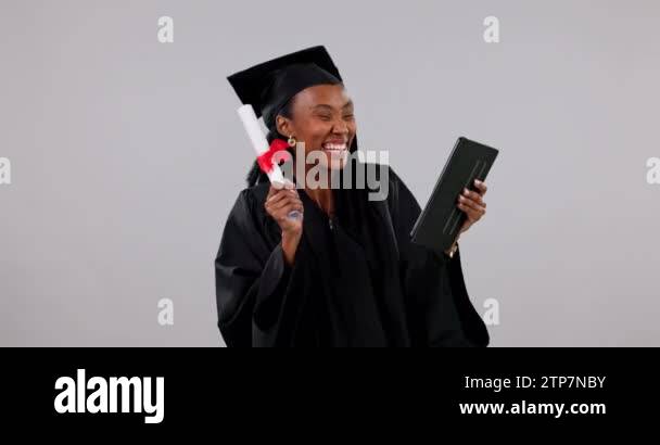 Black woman, graduation and tablet dancing in video call celebration ...
