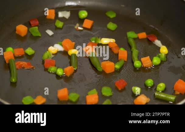 Chopped vegetables in the pan are collected in the word FOOD. Stir ...