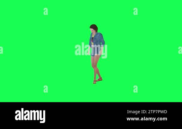3d animated girl in jeans counting right angle green screen 3d people ...