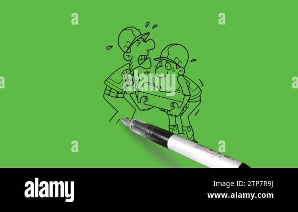 draw two worker pick up heavy cuboid box wear cap and uniform with ...