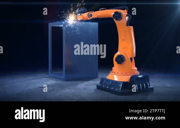 Robot Arm Welding Process at Workshop. High Precision Modern Tool in ...