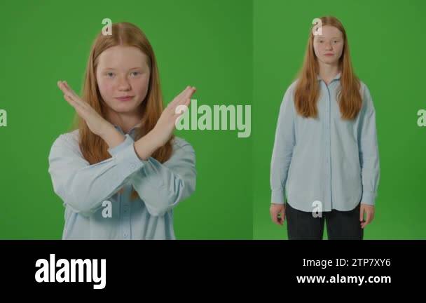 2-in-1 SplitGreen Screen Teenage Girl Firmly Shows A Stop Sign ...