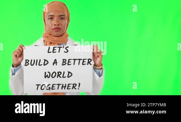 Green screen, protest and face of Muslim woman with poster for activism ...