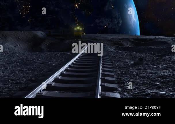 A cosmic train travels along rails on a moon surface with a view of a ...