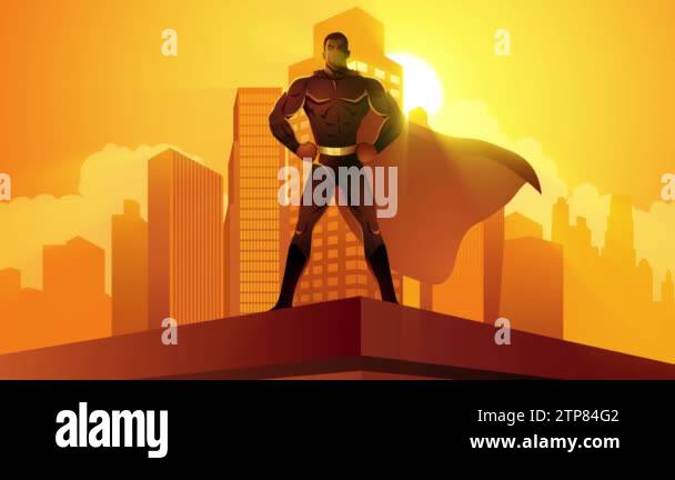 Iconic urban defender, Superhero silhouette against cityscape backdrop ...
