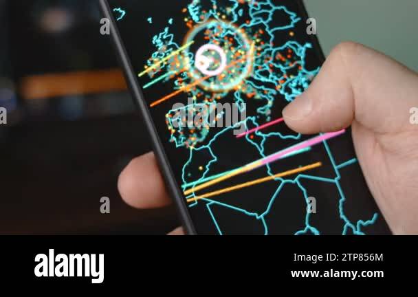 Cyber attack map navigation on smartphone. Displays Show Various ...