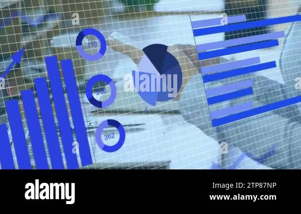 Animation of graphs, changing numbers, loading circles over caucasian ...