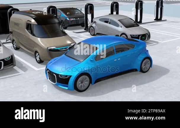 Blue car driving through parking lot which equip with electric vehicle ...