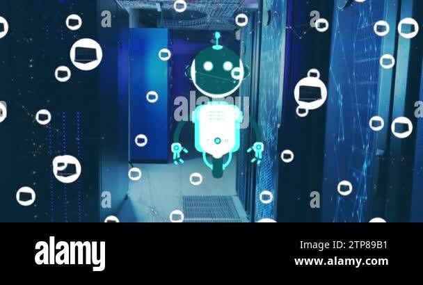 Animation of ai chat bot and icons over computer server background. Global artificial ...