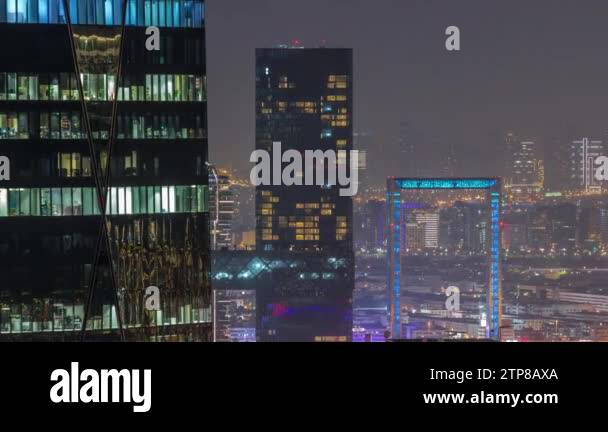 Bur Dubai and Deira districts aerial night timelapse viewed from ...