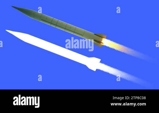 Flying nuclear ballistic rocket with alpha mask. Fire of rocket ...