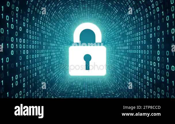 White lock icon form cyan binary tunnel on black background. Computer security concept. Seamless ...