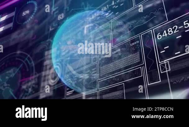 Animation of graphs, loading circles, bars, changing numbers over globe against abstract ...