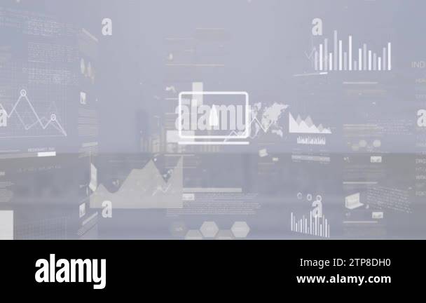 Animation of graphs, flowchart, map and cloud in laptop over abstract background. Digital ...