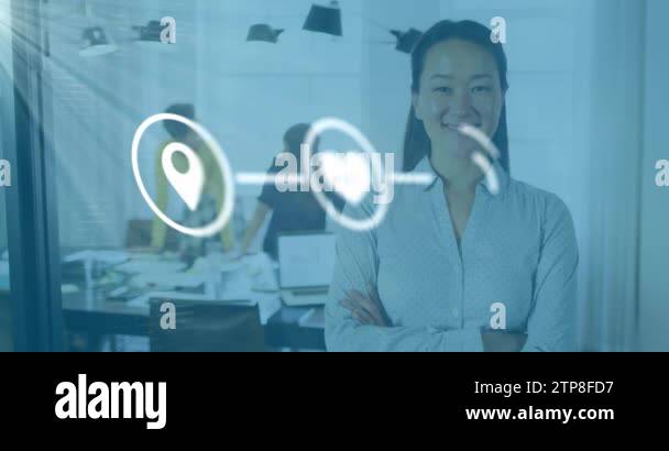 Animation Of Flowchart Of Icons And Lens Flare Smiling Asian Woman