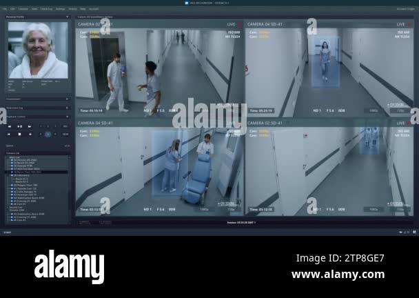 Playback CCTV cameras in modern clinic on computer screen. User interface of surveillance system ...