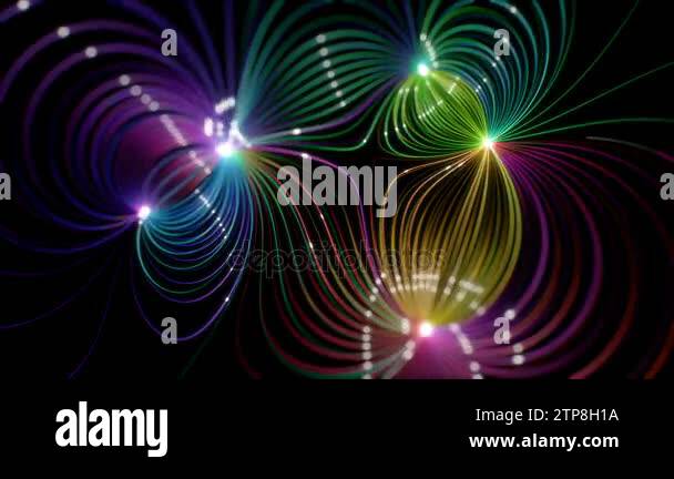 Bright fluorescent wires with glowing signals moving between nodes ...