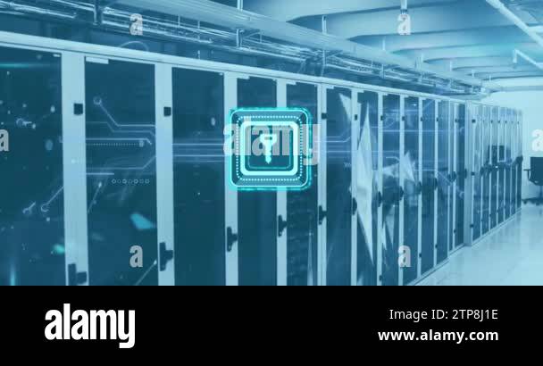 Animation of key in square, circuit board pattern and connected dots over data server racks ...