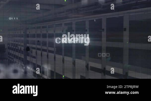 Animation Of Circuit Board Pattern Binary Codes And Crypto Text Over Server Room Digital