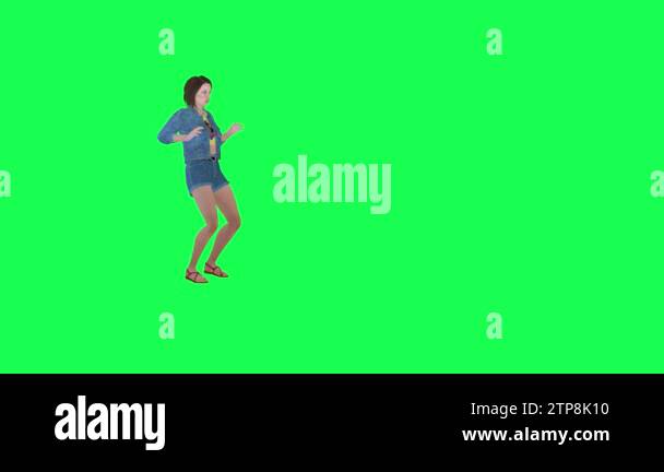 3D animated girl in jeans finding something left angle green screen 3d ...