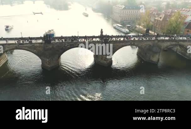 Prague, flight over the city, top view, top view of Charles Bridge, Vltava River Stock Video ...