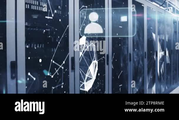 Animation of profile icons, plexus networks and light spots against computer server room. Global ...