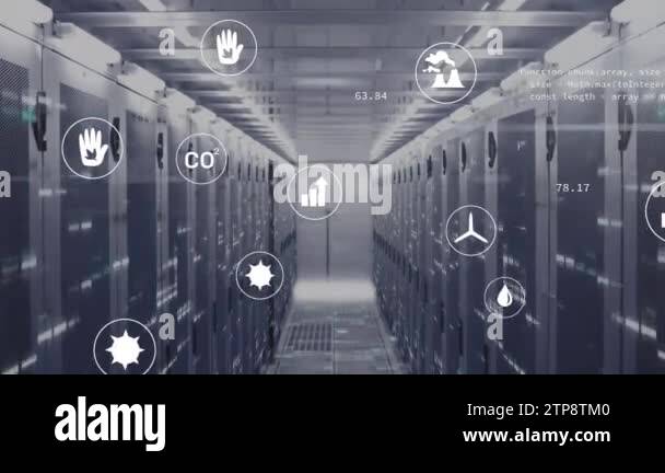Animation Of Icons And Computer Language Over Bars On Data Server Racks 1397
