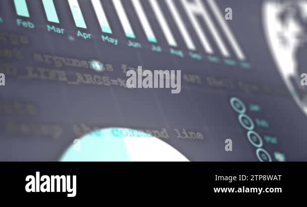 Animation of interface with statistical data processing and spinning globe against grey ...