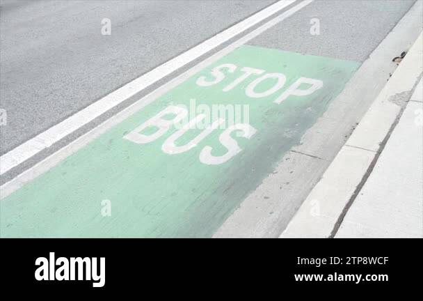 stop bus writing caption text in white with green background on road ...