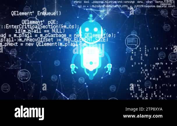 Animation of ai chatbot icon and data processing. Global artificial intelligence, connections ...